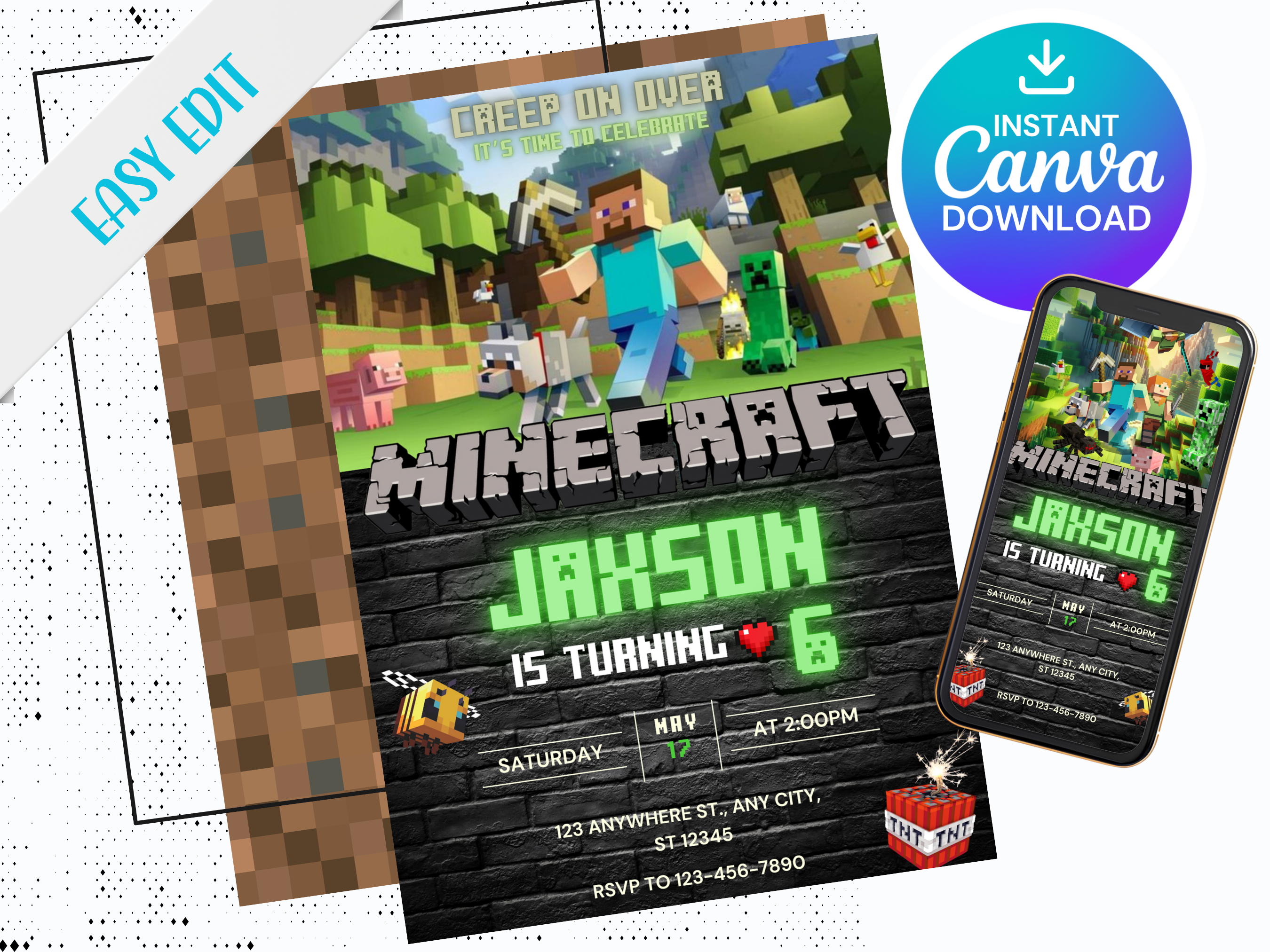 Minecraft (Creep On Over) Birthday Invitation - Editable Digital Downl ...